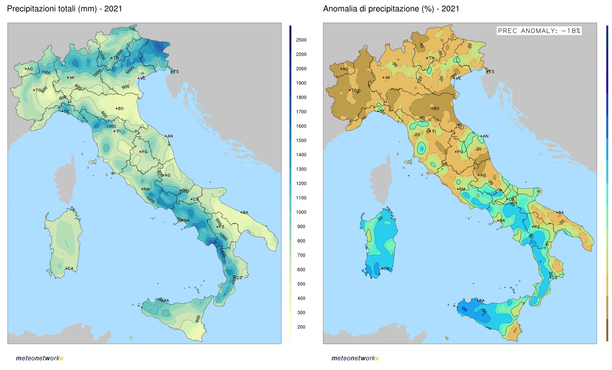 2021 in Italia: Andamento delle Precipitazioni (MNW) | Meteoservice – E ...